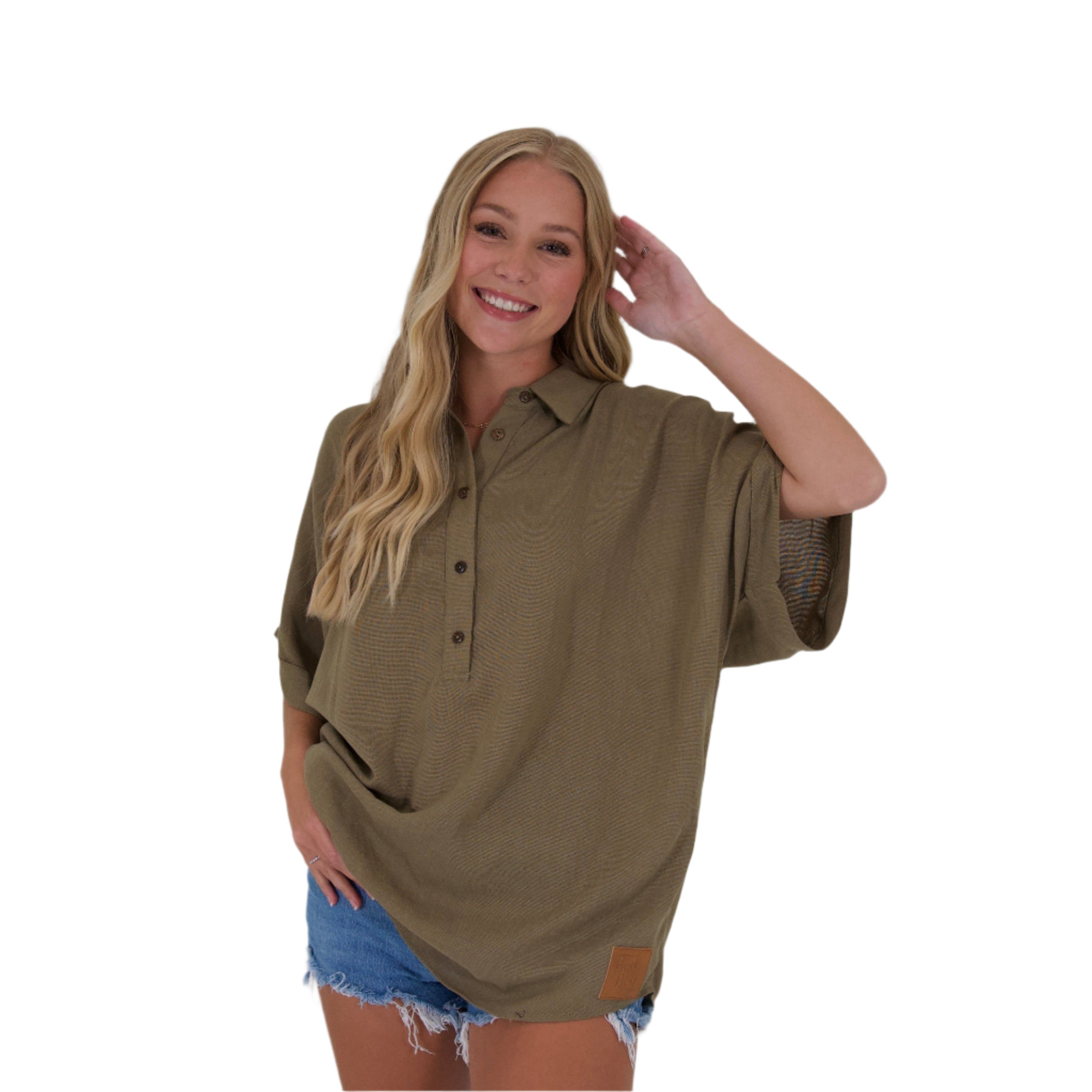 QUARTER BUTTON UP SLOUCHY BLOUSE - OLIVE – Bad Boy Mowers
